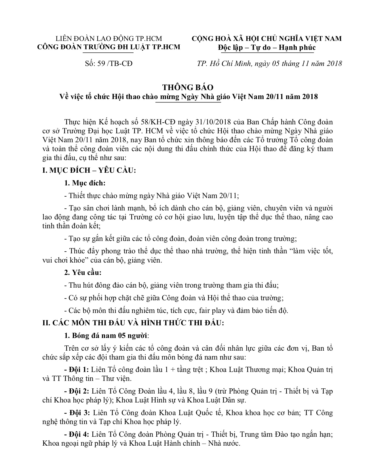 Thông Báo Tổ Chức Hội Thao Chào Mừng Ngày Nhà Giáo Việt Nam 20 11 Năm 2018